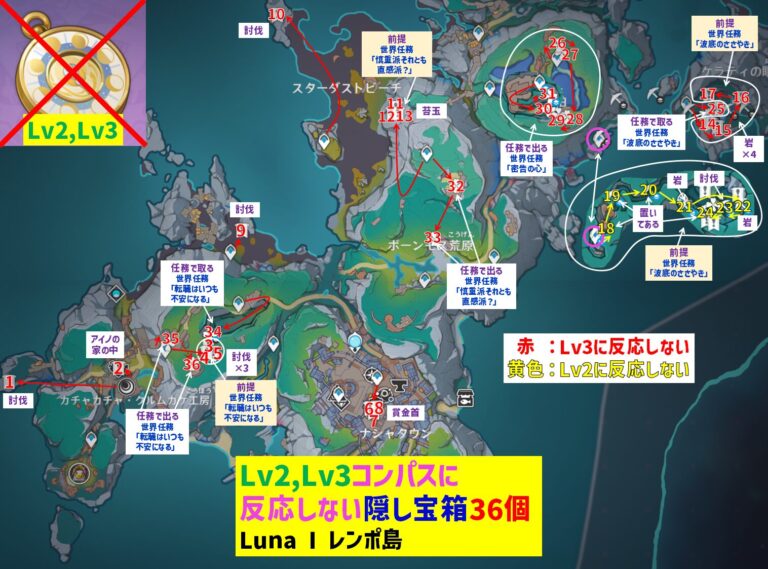 レンポ島「Lv2,Lv3コンパスに反応しない」隠し宝箱「36個」 Luna I ナド・クライ 世界任務で出るタイプを含む 月のトレジャーコンパス 原神 攻略 | Aki-Games原神攻略情報ブログ